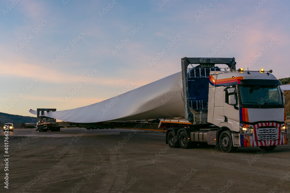 Special transport of blades for wind turbines, truck transporting a ...