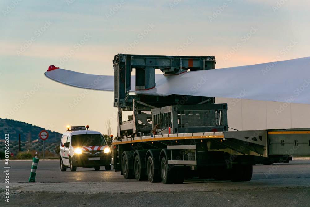 Special transport of blades for wind turbines, truck transporting a ...