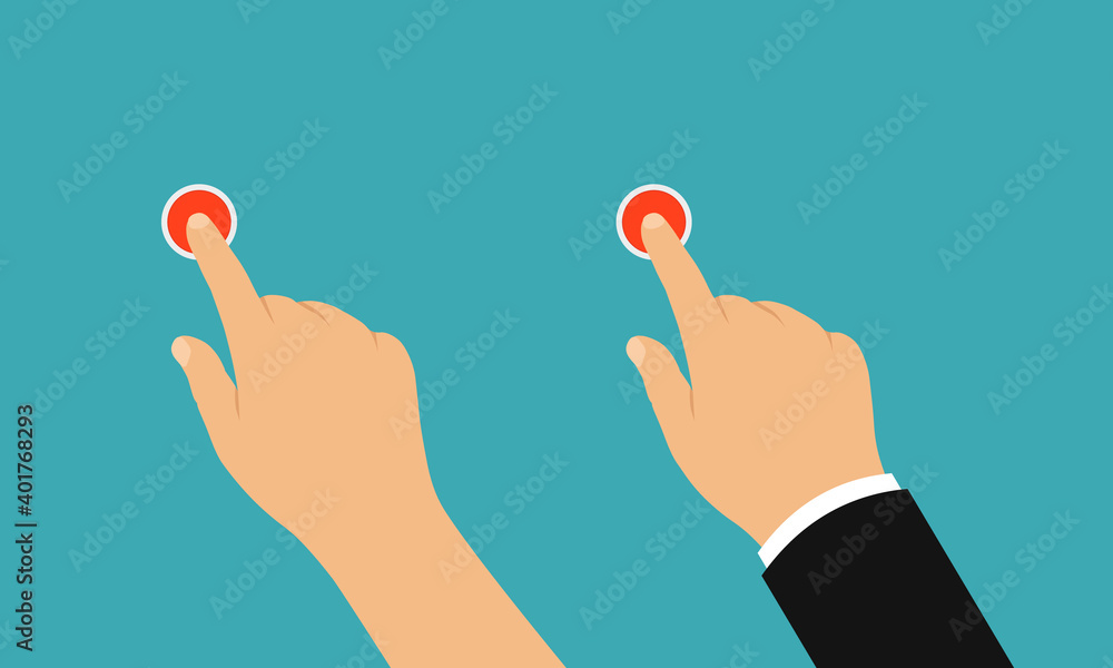 The hand of a businessman or woman pressed a red button with her index ...
