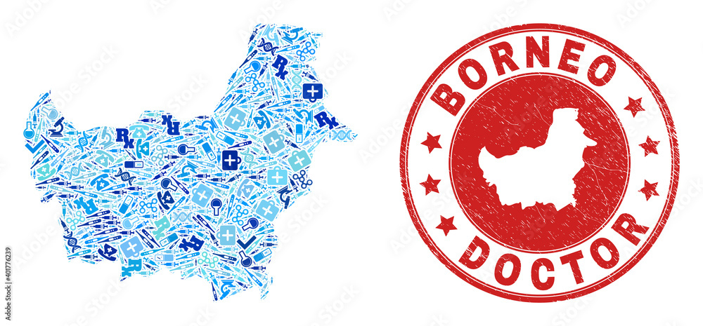 Vector mosaic Borneo map with treatment icons, first aid symbols, and ... Vector mosaic Borneo map with treatment icons, first aid symbols, and ...