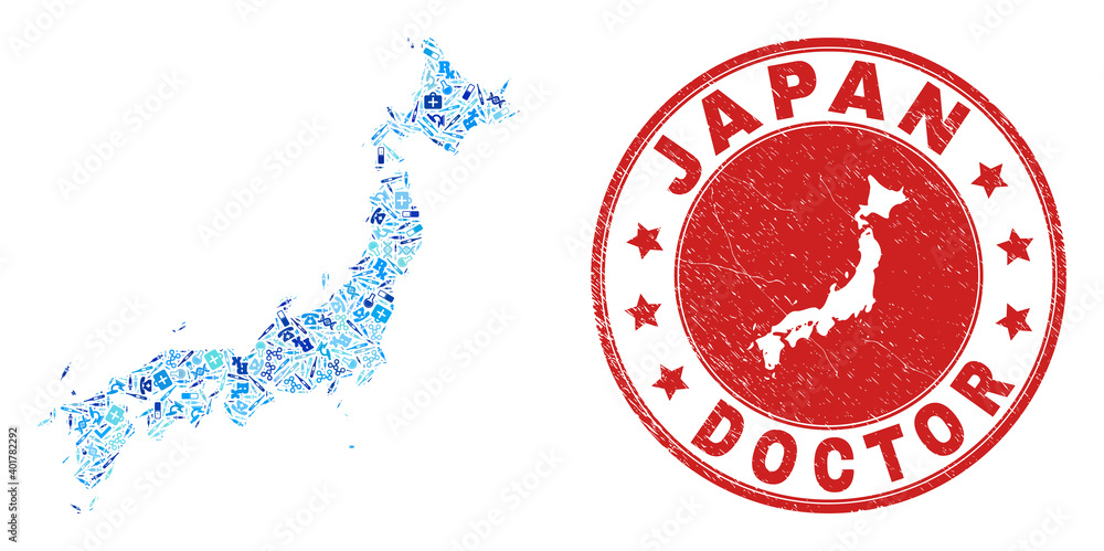 Vector collage Japan map with medical icons, medicine symbols, and ...