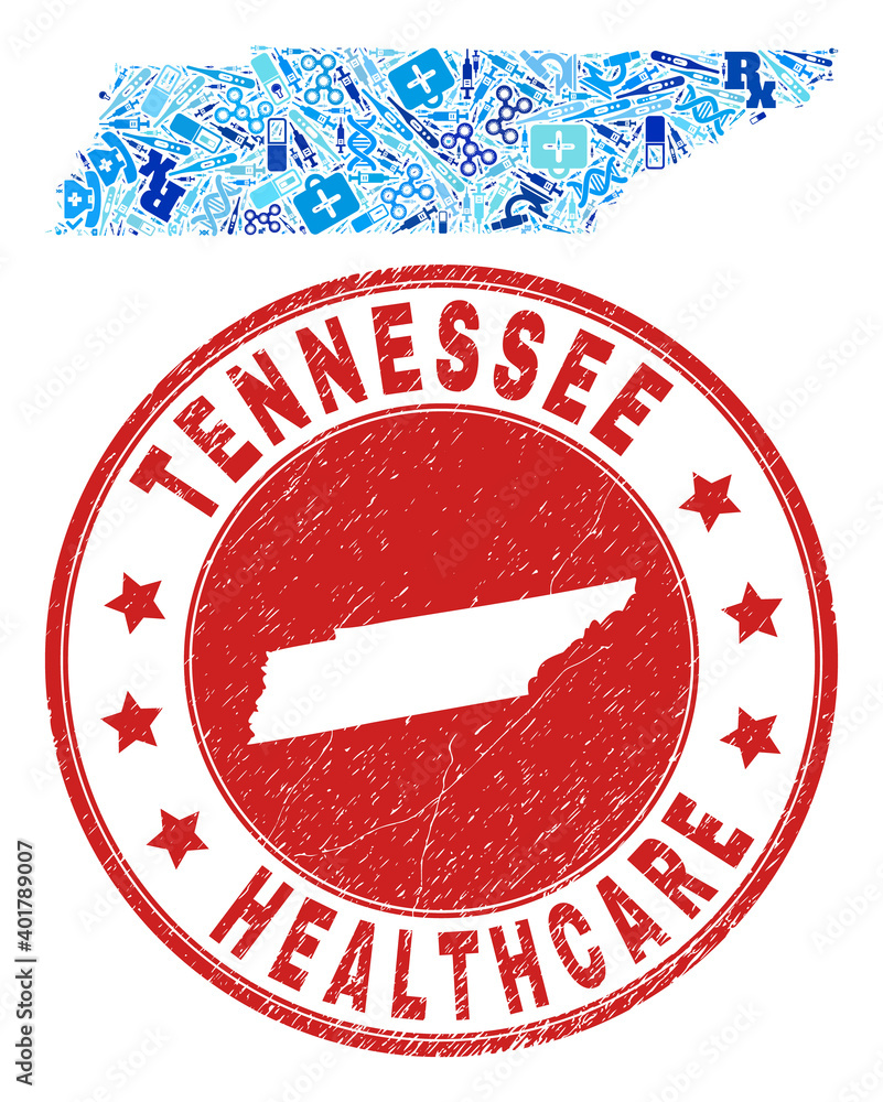 Vector mosaic Tennessee State map with treatment icons, medicine ...