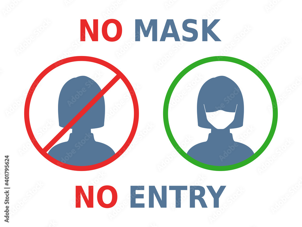 Vector illustration 'NO MASK NO ENTRY'. Silhouettes of 2 women wearing ...