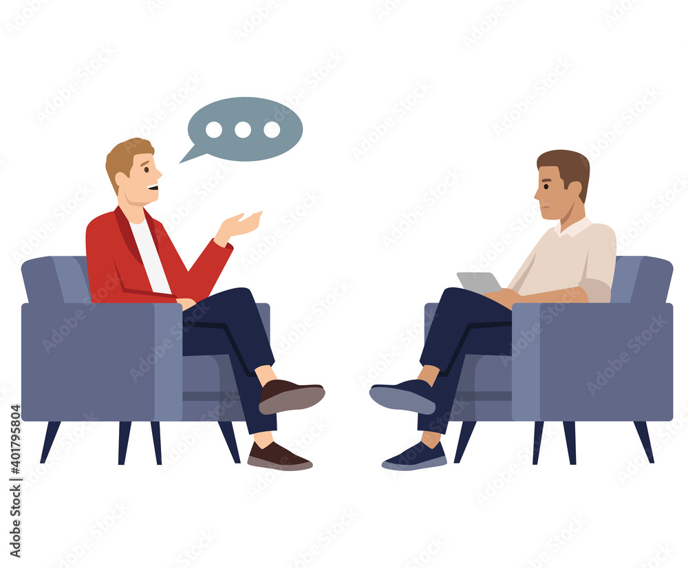 Two Men Sitting in Chairs Facing Each Other Having in Conversation ...