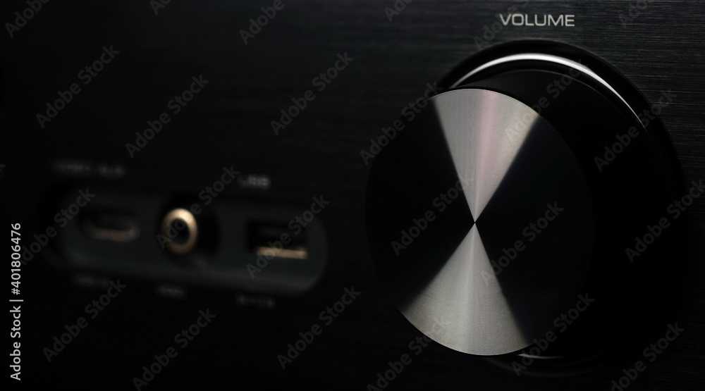 Front side of the AV receiver with volume knob close-up. Stock Photo ...