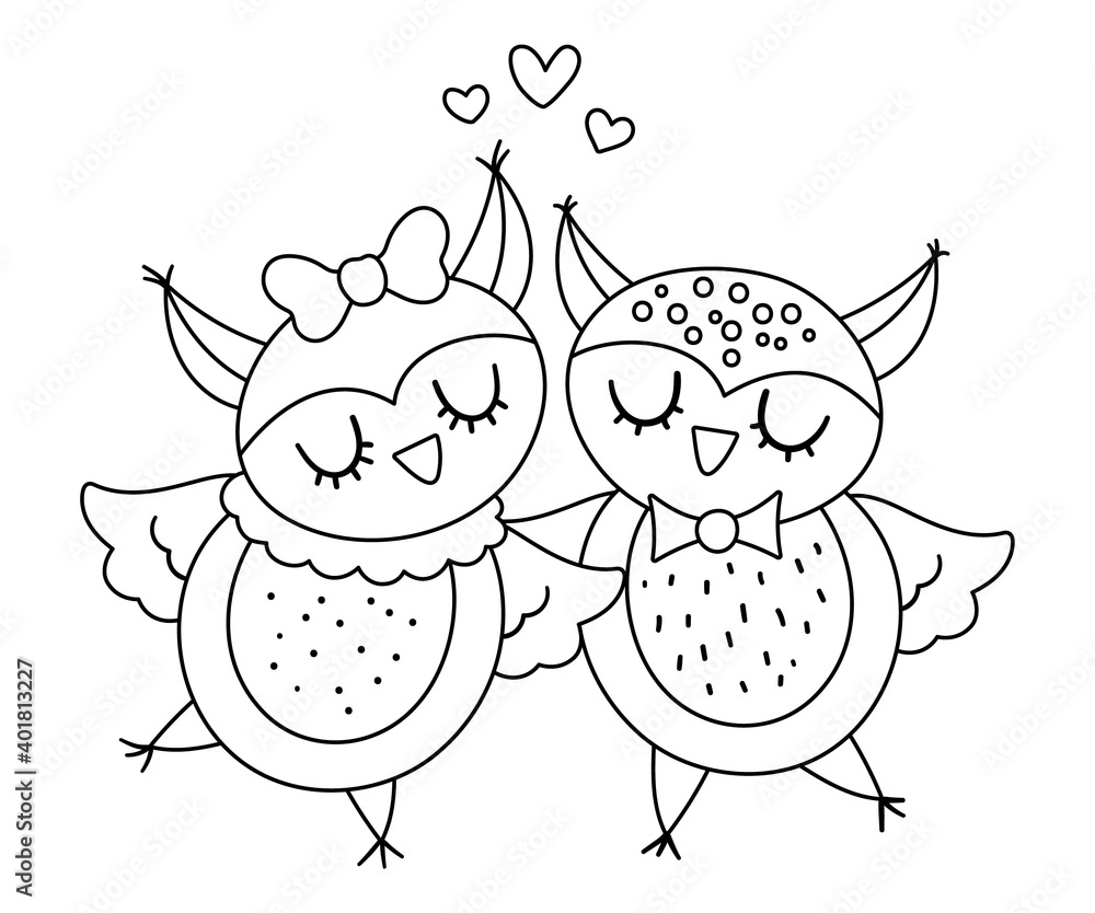 Vector cute black and white owls pair. Loving couple illustration. Love ...