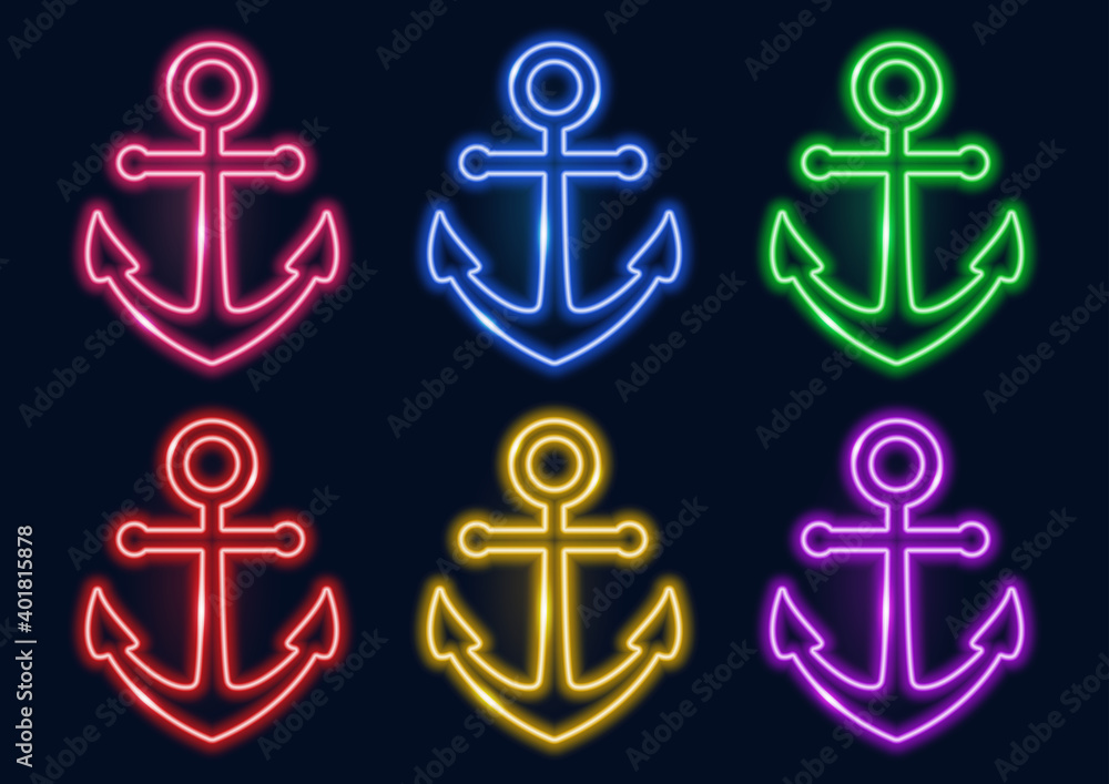 Neon frame. Set of neon anchors in different colors. Laser glowing ...