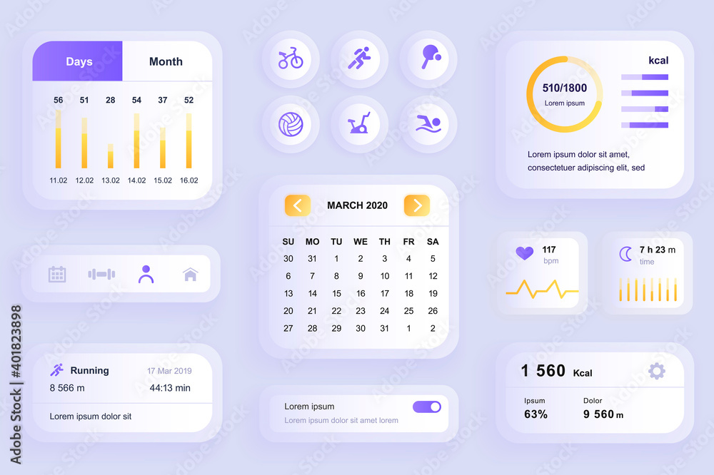 GUI elements for fitness workout mobile app. Fitness activity planner ...