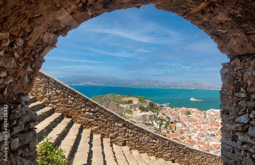 Nafplio town as seen from the byzantine castle of Palamidi on the hill ...