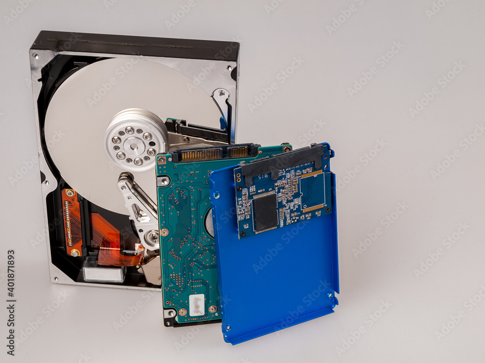 different types of computer drives, hard disk drives and SSD drives of ...