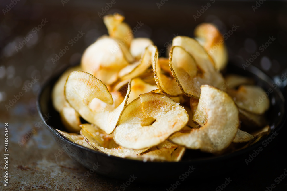 rustic english pub grub ribbon cut potato crisps Stock Photo | Adobe Stock