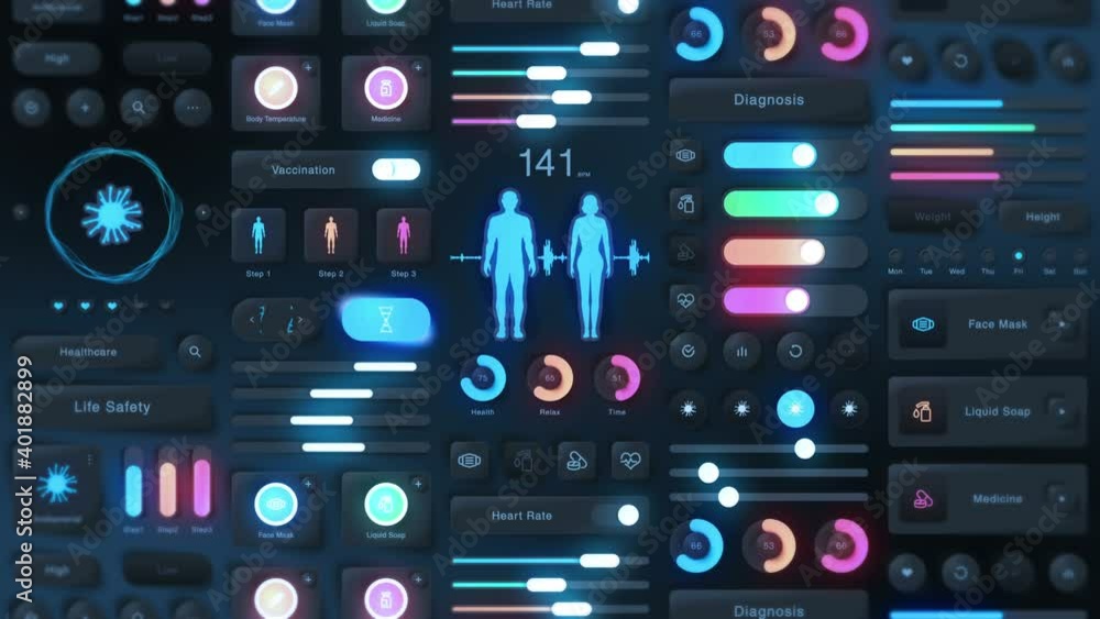 Hi tech panel of medical application on dark background. Medical and ...