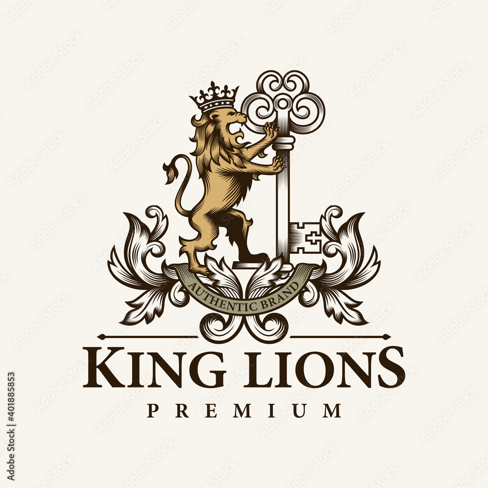 Heraldic lion and key luxury vector template Stock Vector | Adobe Stock