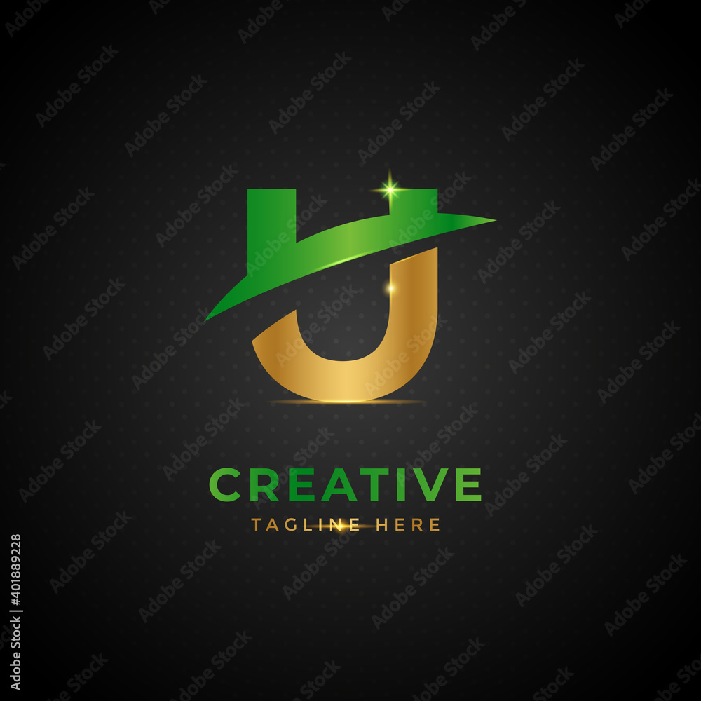 Intial U letter with green and gold color. Luxury slash logo design ...