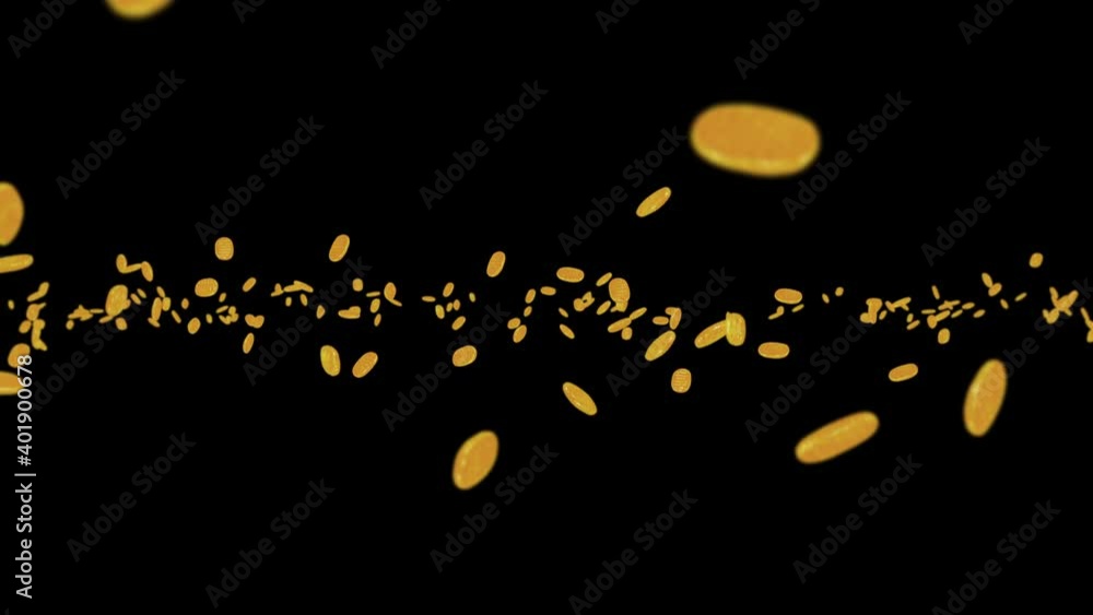 Flying many Koban coins on black background. Japanese oval golden coin ...