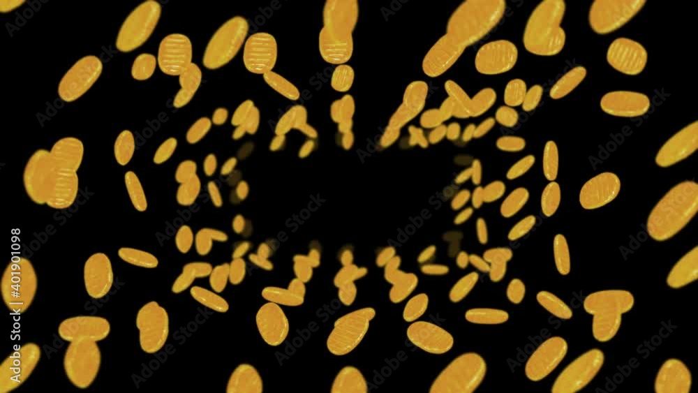 Flying many Koban coins on black background. Japanese oval golden coin ...