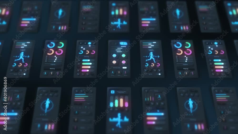 Vidéo Stock Hi tech panel of fitness application on dark background ...