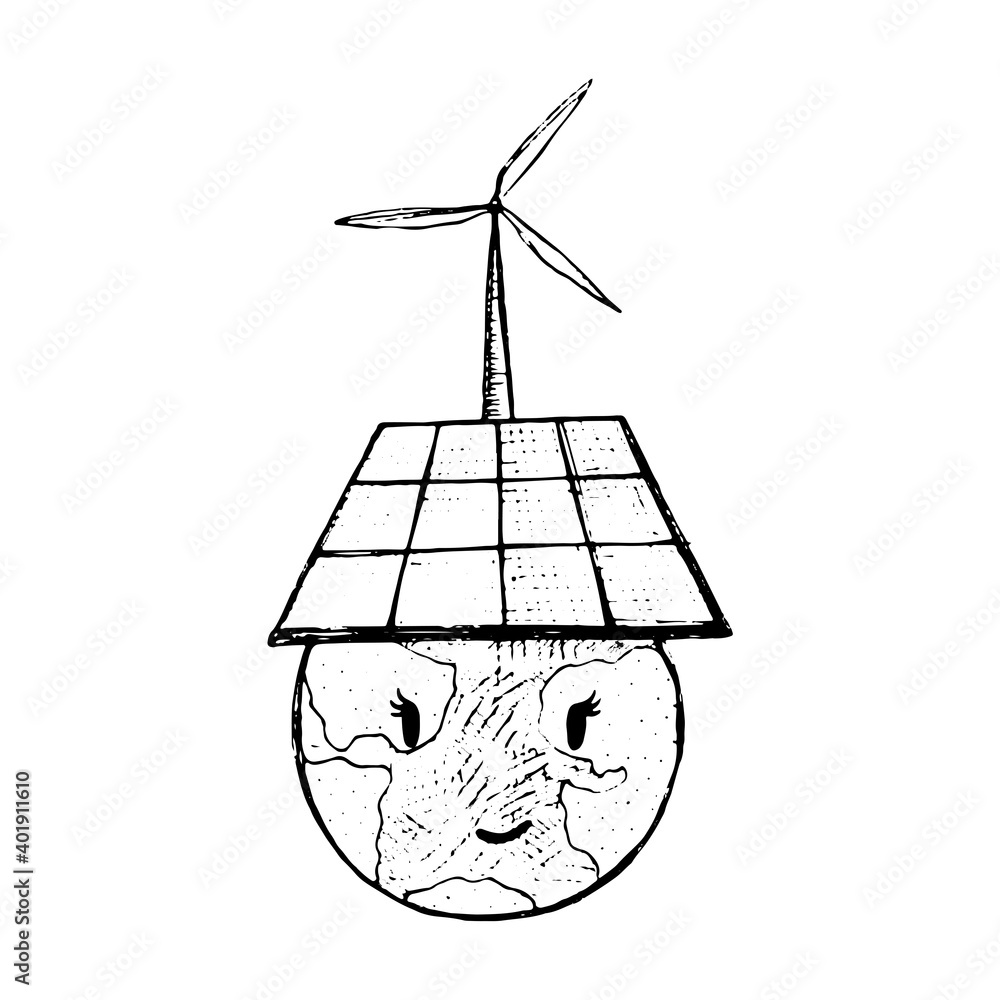Doodle humour drawing with earth face and solar battary. Nature ...