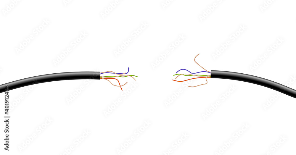 Torn electric power cable with sticking copper wires in color ...