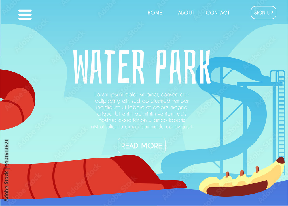 Water park website banner with water slide tube and banana boat Stock ...