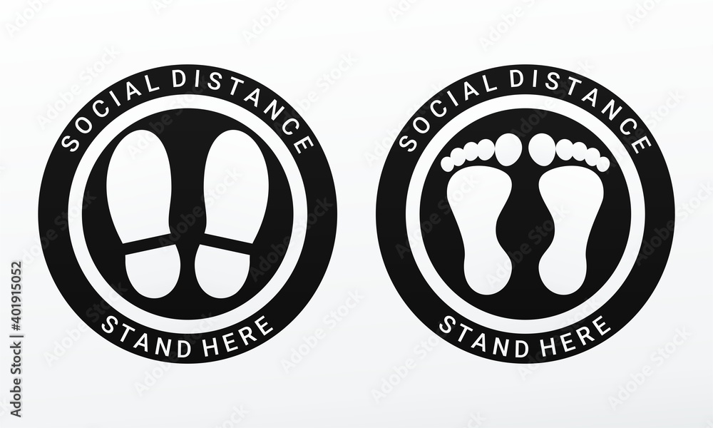 Stand here round sign. Keep distance. Footprint floor. Social distance ...