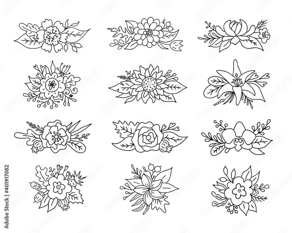 Set of flower bouquets in an outline style isolated on white background ...