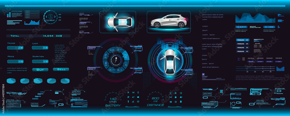 Car interface with parameters, options and settings in HUD, GUI, UI ...