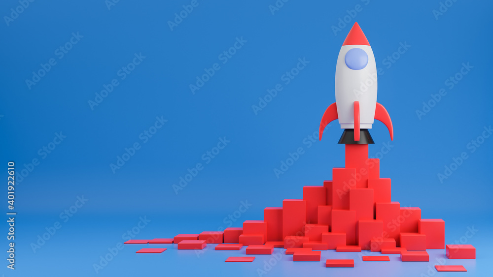 Rocket ship flies up with finance graph chart on blue background ...