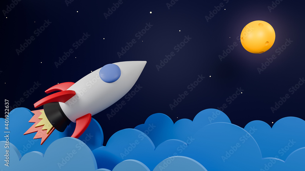Rocket flying over cloud go to the moon on galaxy background.Business ...