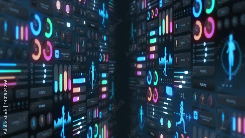 Hi tech panel of fitness application on dark background. Running and ...