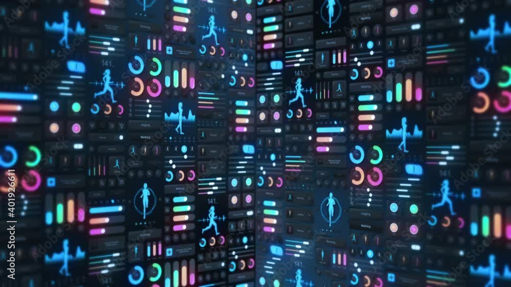 Hi tech panel of fitness application on dark background. Running and ...