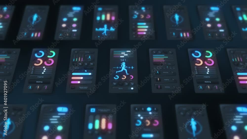 Vidéo Stock Hi tech panel of fitness application on dark background ...