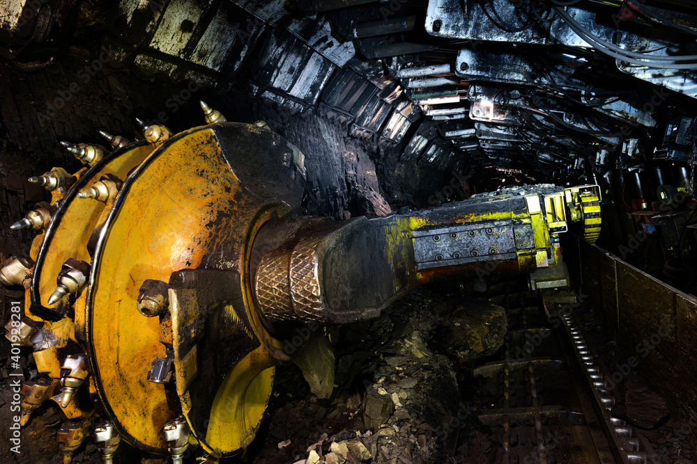 Longwall Mining: Shearer, with two rotating cutting drums and movable ...