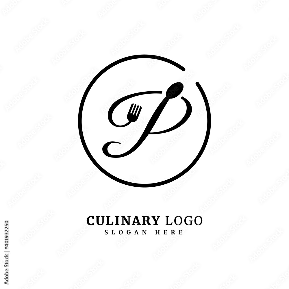 Initial letter P with spoon and fork for restaurant concept. letter P ...
