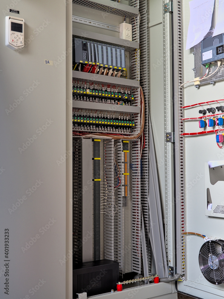 A newly installed power and control panel for HVAC system. Stock Photo ...