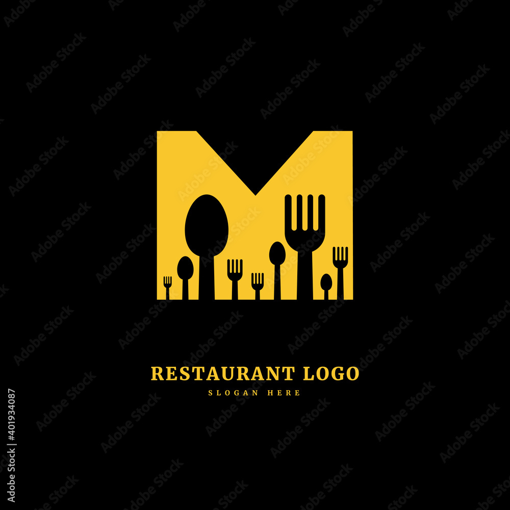 Initial letter M with spoon and fork for restaurant concept. letter M ...