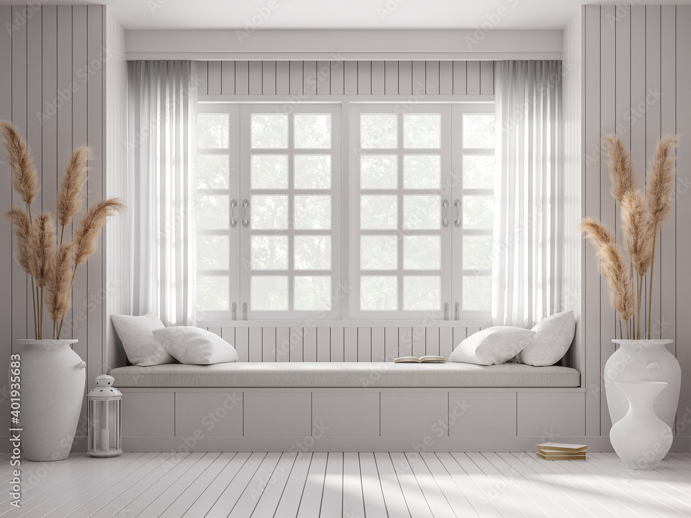 Vintage style window seat 3d render.There are white wood plank wall and ...