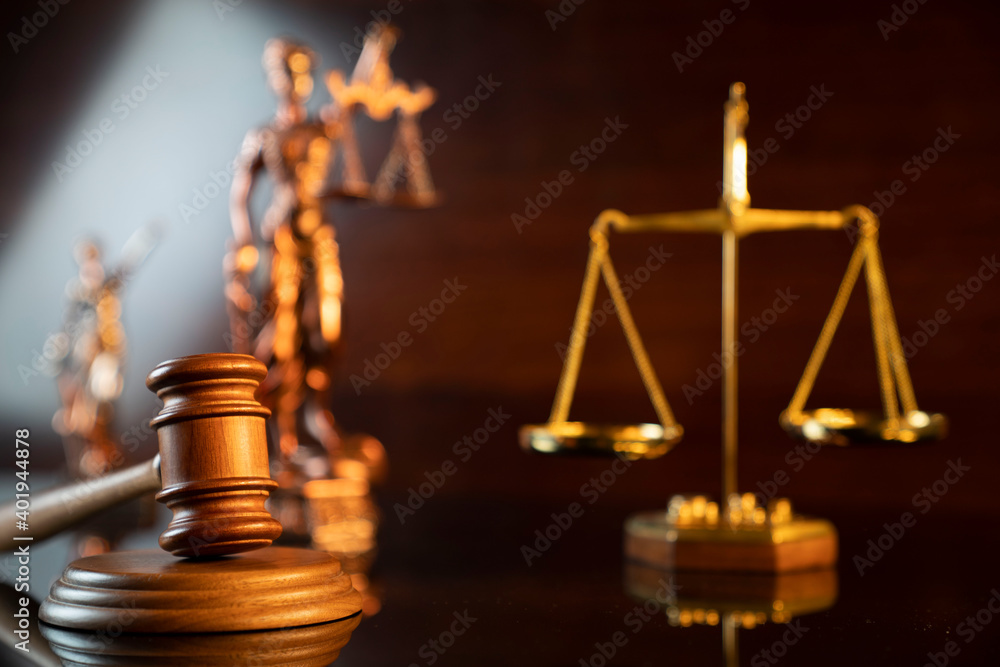 Law and justice concept. Law symbols composition: judge’s gavel, Themis ...