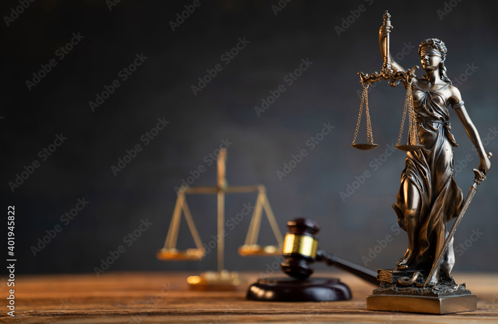 Law and justice concept. Law symbols composition: judge’s gavel, Themis ...