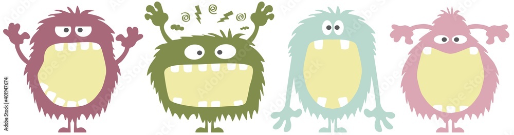 Set of little monsters with big gap-toothed open mouths, vector ...