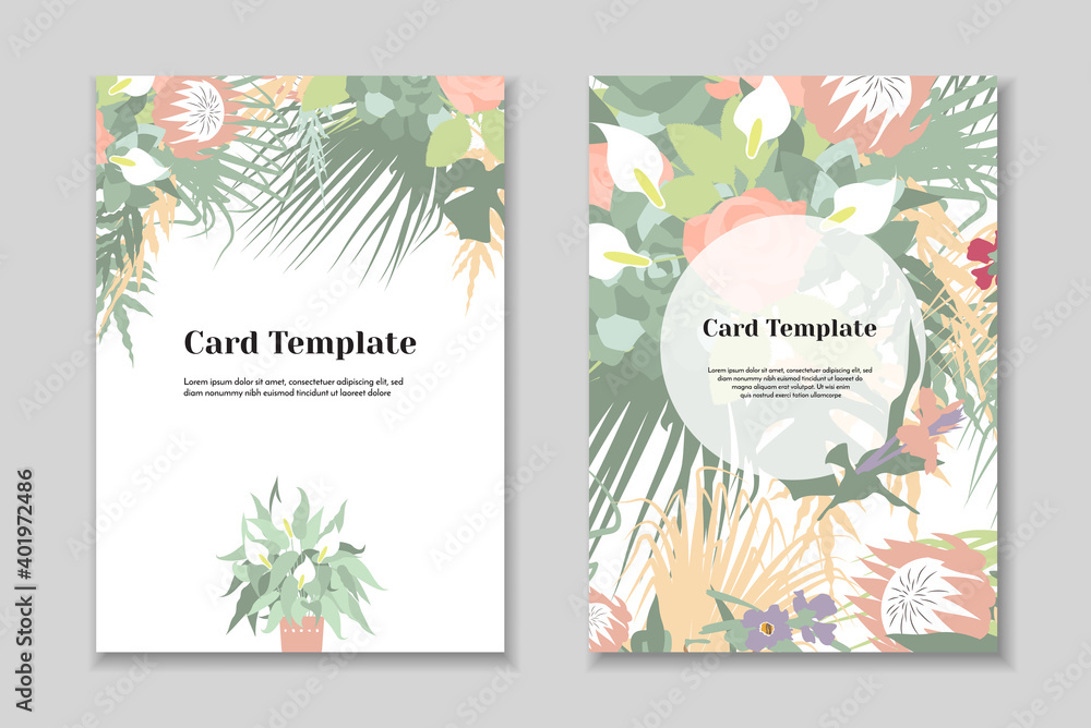 Set of 2 boho greting card templates, tender pastel colorls, white ...