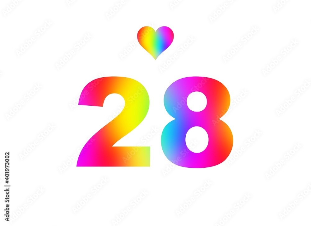 28th birthday card illustration with multicolored numbers isolated in ...