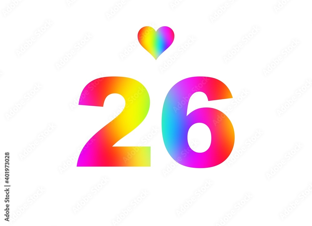 26th birthday card illustration with multicolored numbers isolated in ...