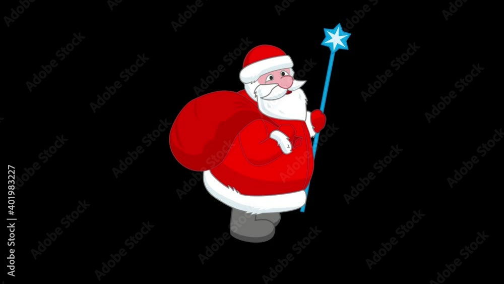 Cartoon Santa Claus rides with big bag for children gifts. Flat style ...