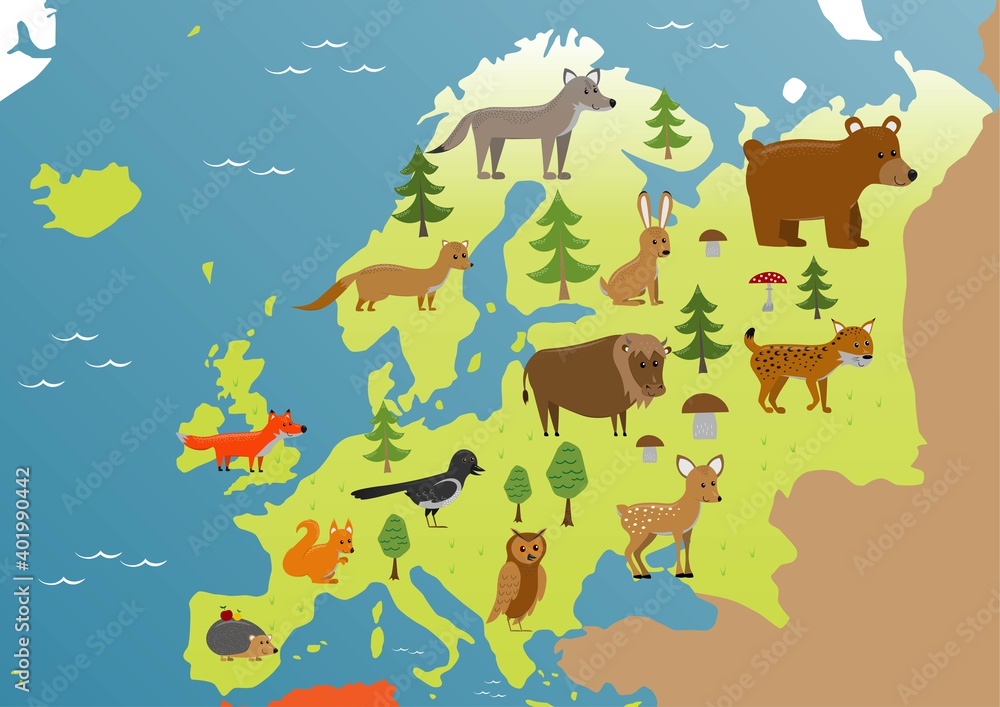 colorful flat European map with cute cartoon animals, vector ...