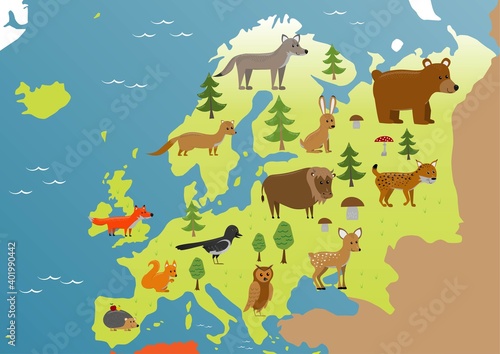 colorful flat European map with cute cartoon animals, vector ...