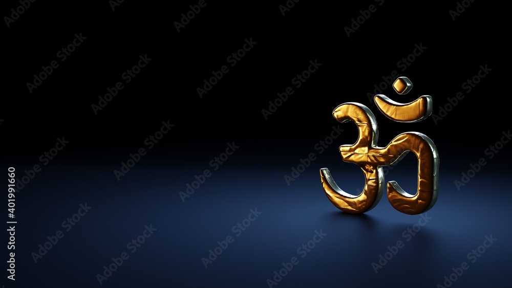 3d rendering symbol of om wrapped in gold foil on dark blue background ...