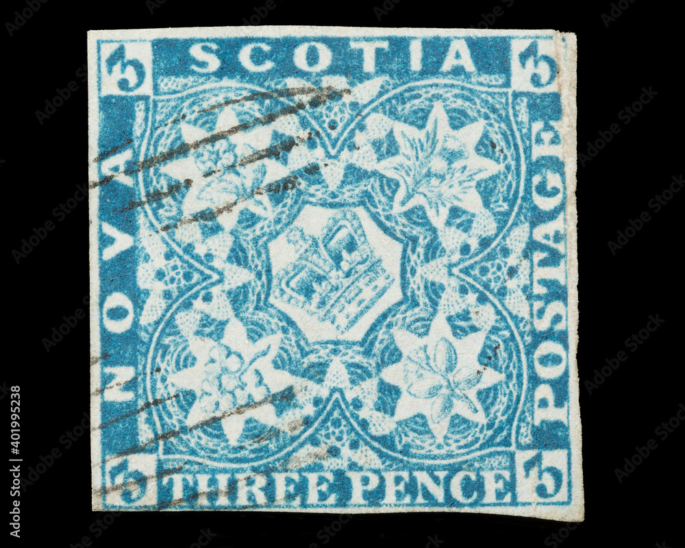 An 1853 three pence blue postage stamp from Nova Scotia, Canada ...