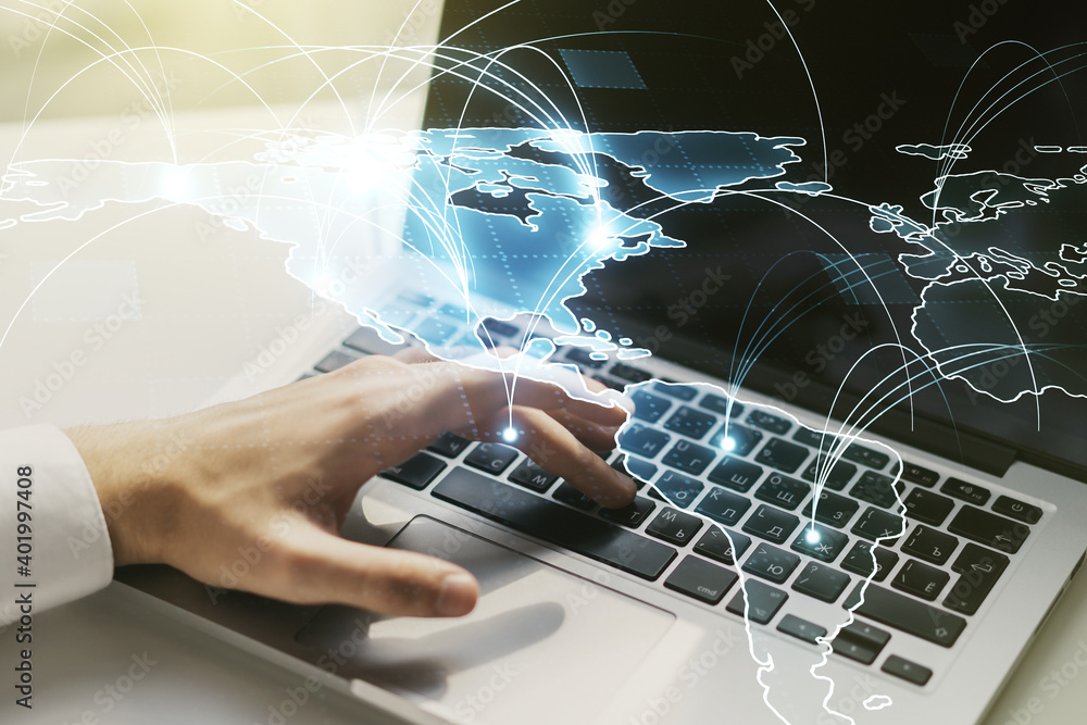 Double exposure of abstract digital world map with connections and hand ...