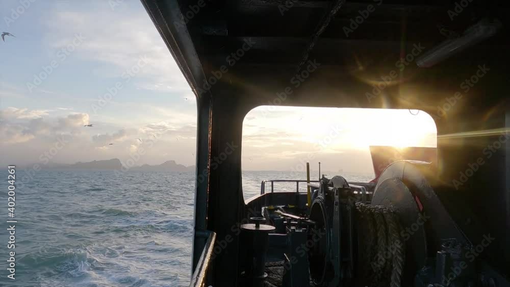 Back side view of fury boat with flight of seagull flying over calm ...